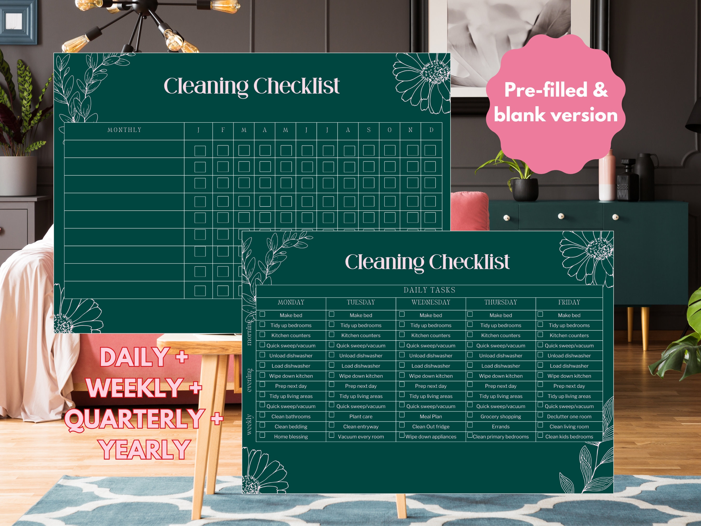 Aesthetic Cleaning Checklist Bundle- Stay at Home Mom Cleaning Schedule ...