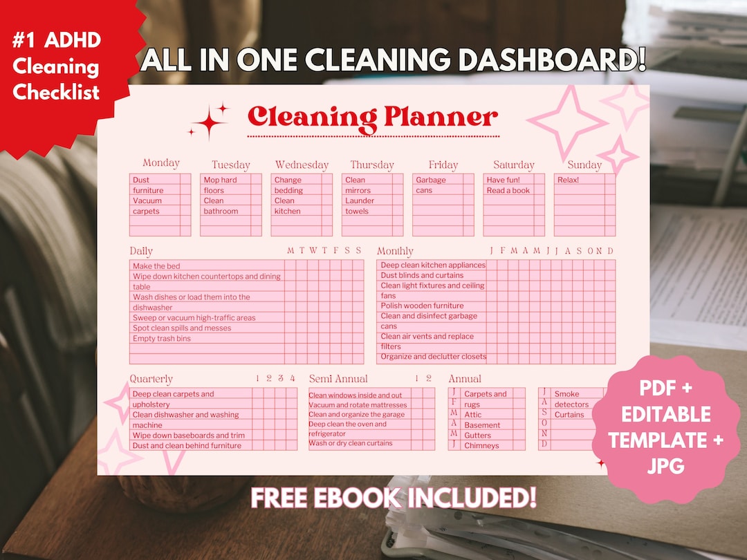 Cute Cleaning Printable Checklist - Monthly Cleaning - ADHD Cleaning ...