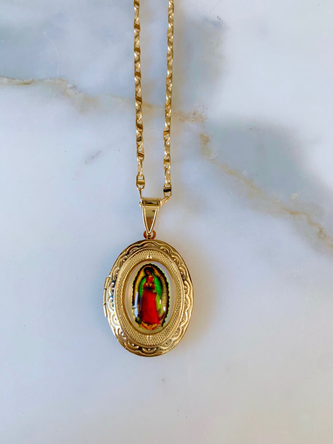 Gold Plated Virgin Mary Photo Locket Necklace - Etsy