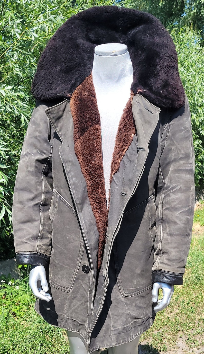 Vintage Heavy Canvas Sheepskin Coat, Rare Fur-lined Winter Parka With ...