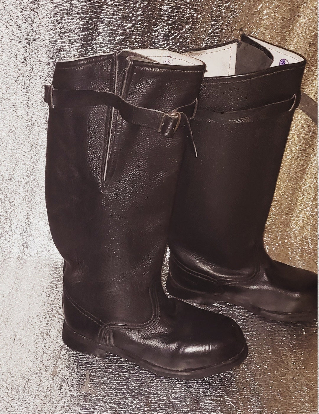 Vintage Black Leather Tall Boots, 1970s Style, Side Strap Closure ...