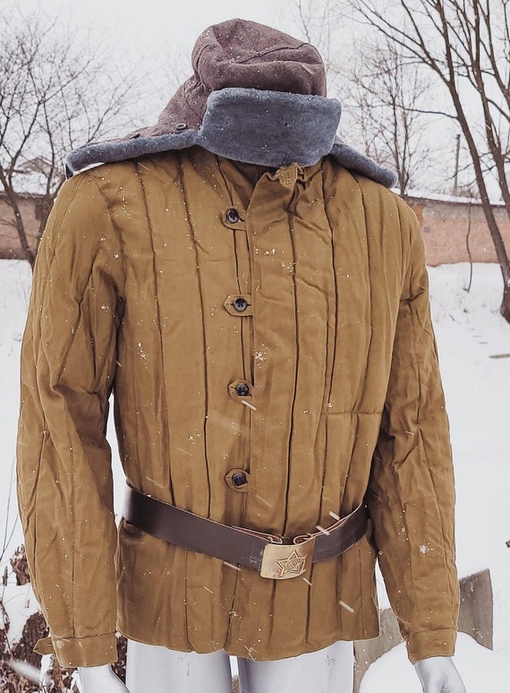 Soviet military quilted jacket sweatshirt hat with ea… - Gem