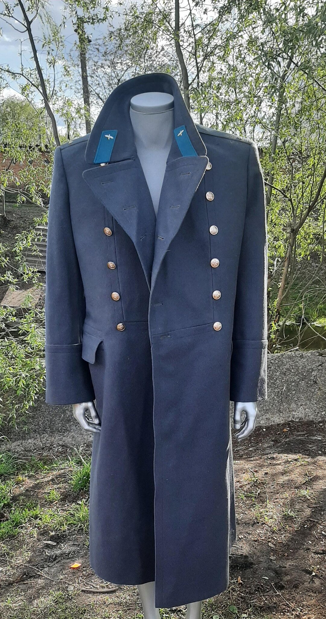 Vintage Deep-blue Wool Parade Overcoat, Elegant Long Retro Coat With ...