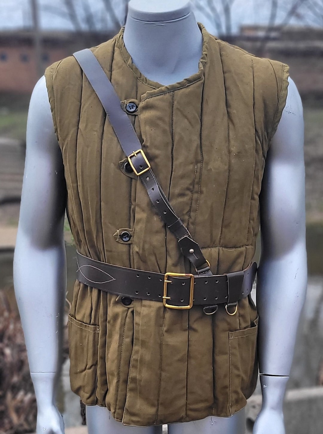 Vintage Military Soviet Padded Jacket Sleeveless Vest USSR Leather Belt ...