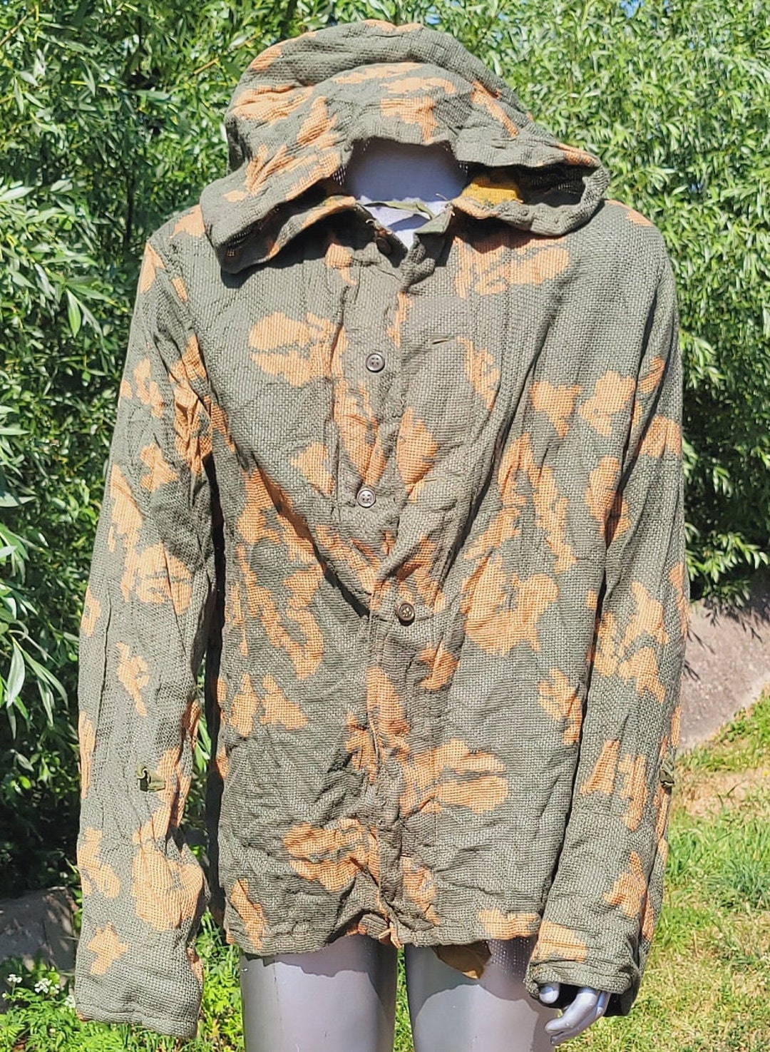 Vintage Cotton Jacket With Abstract Pattern, Hooded Utility Outerwear ...