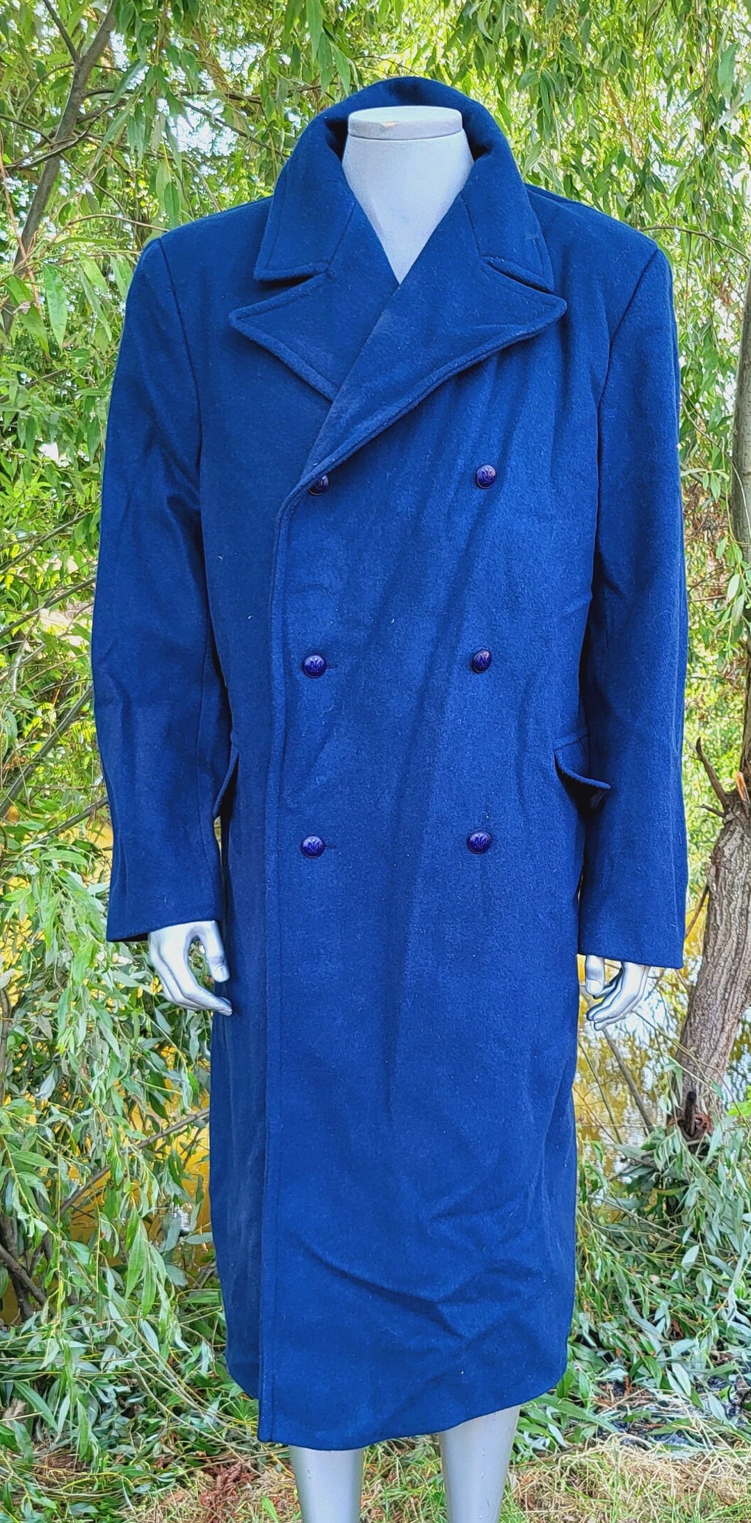 Vintage 1990s Blue Wool Long Coat, Double Breasted Classic Overcoat ...
