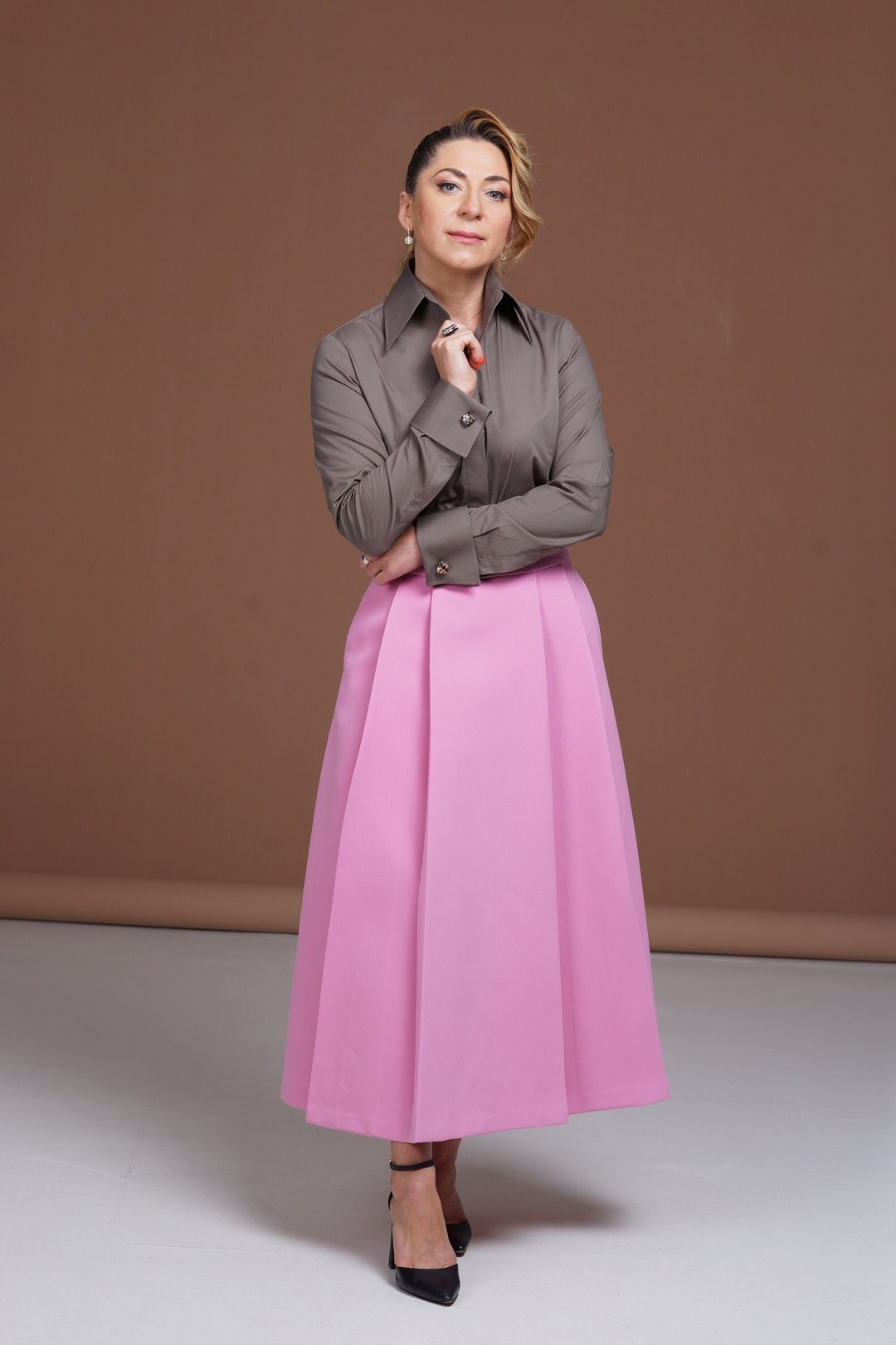 Trendy Mocha Mousse Blouse Slim Fit French Cuff Shirt Women With High ...