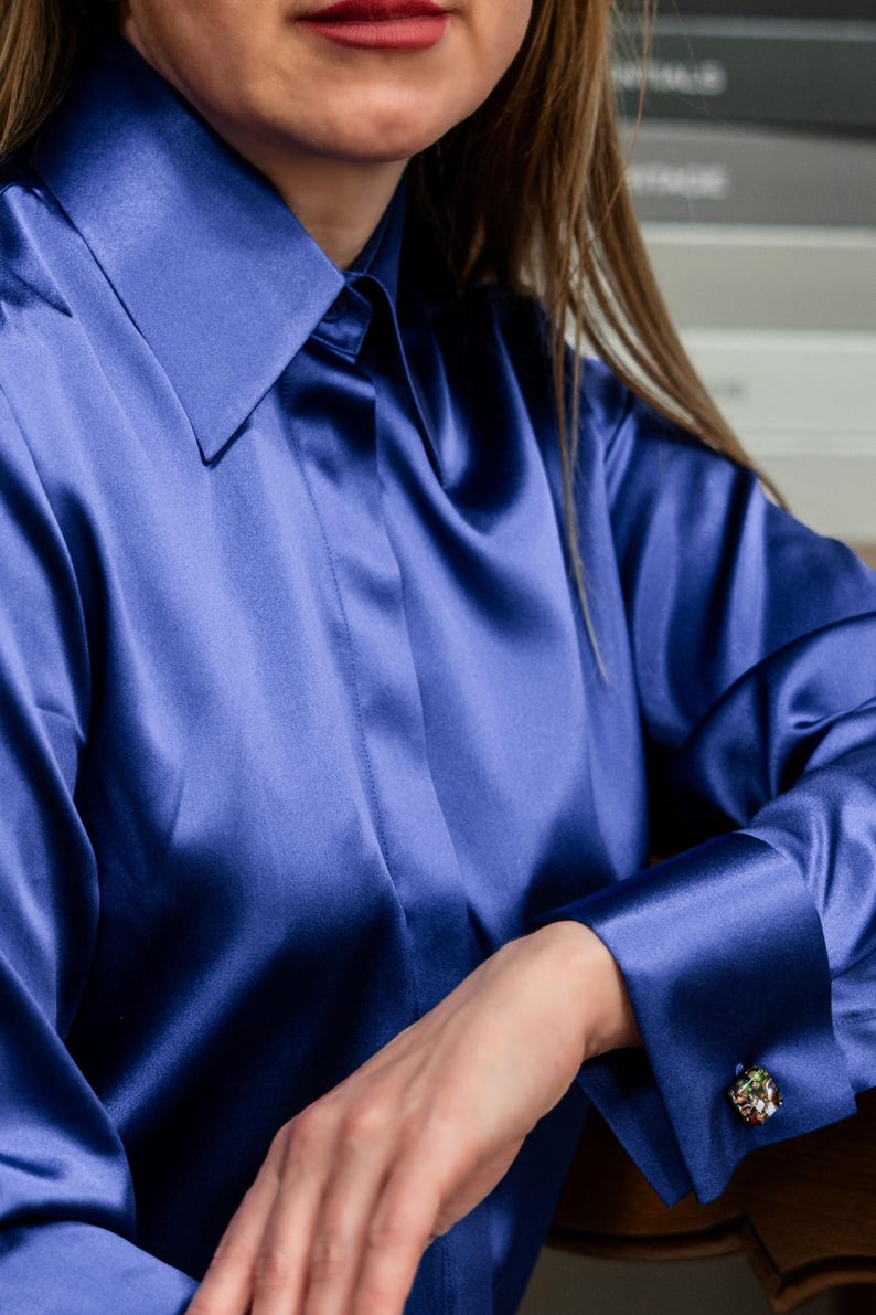 Luxury Bold Blue Pure Mulberry Silk Blouse: Formal Blue French Cuff ...