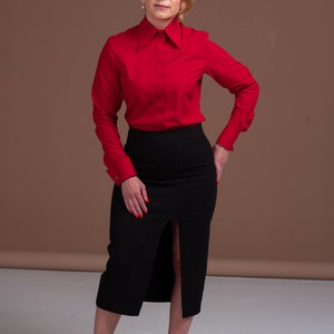 Red Blouse French Cuff Shirt High Collar, Red Tops for Women, Button ...