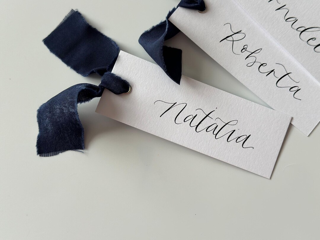 NAVY Chiffon Ribbon Calligraphy Place Name Card | Personalised White ...