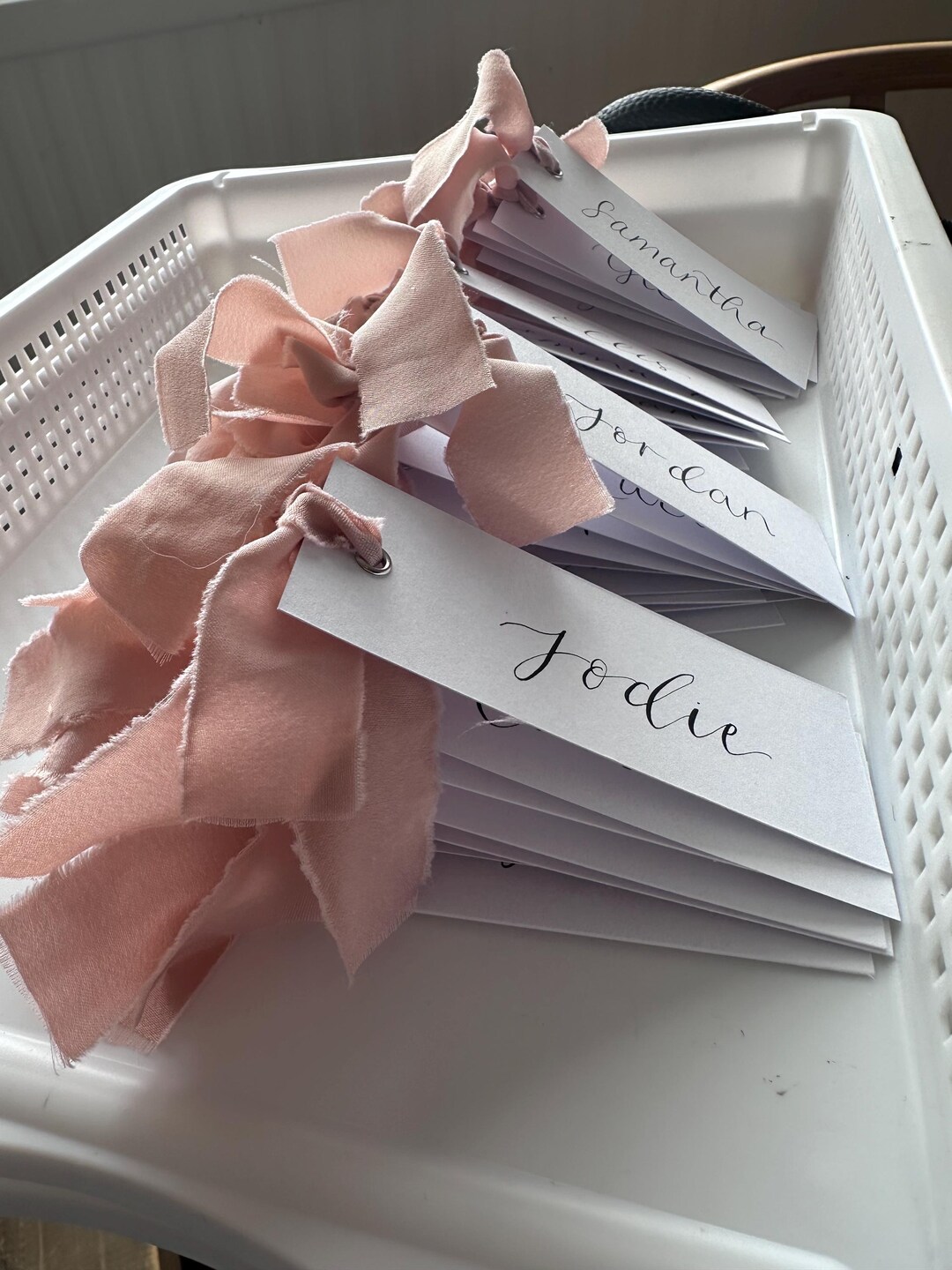 BLUSH Chiffon Ribbon Calligraphy Place Name Card | Personalised White ...