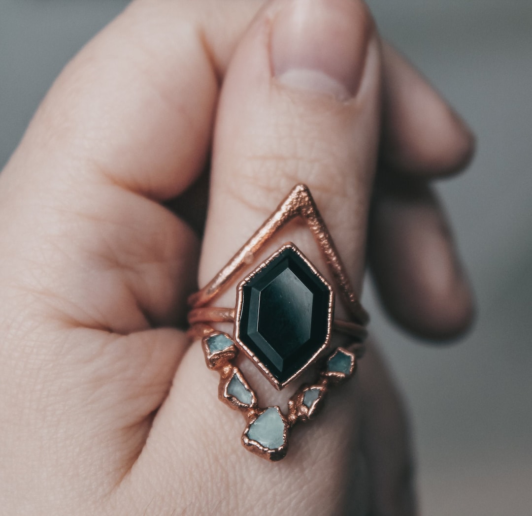 Large Black Onyx Copper Ring/set - Etsy