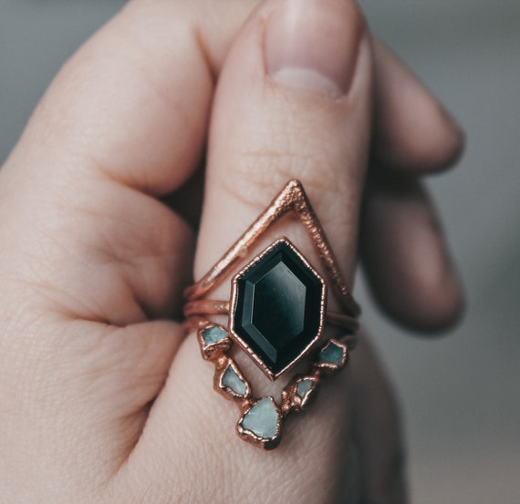 Large Black Onyx Copper Ring/set | Etsy