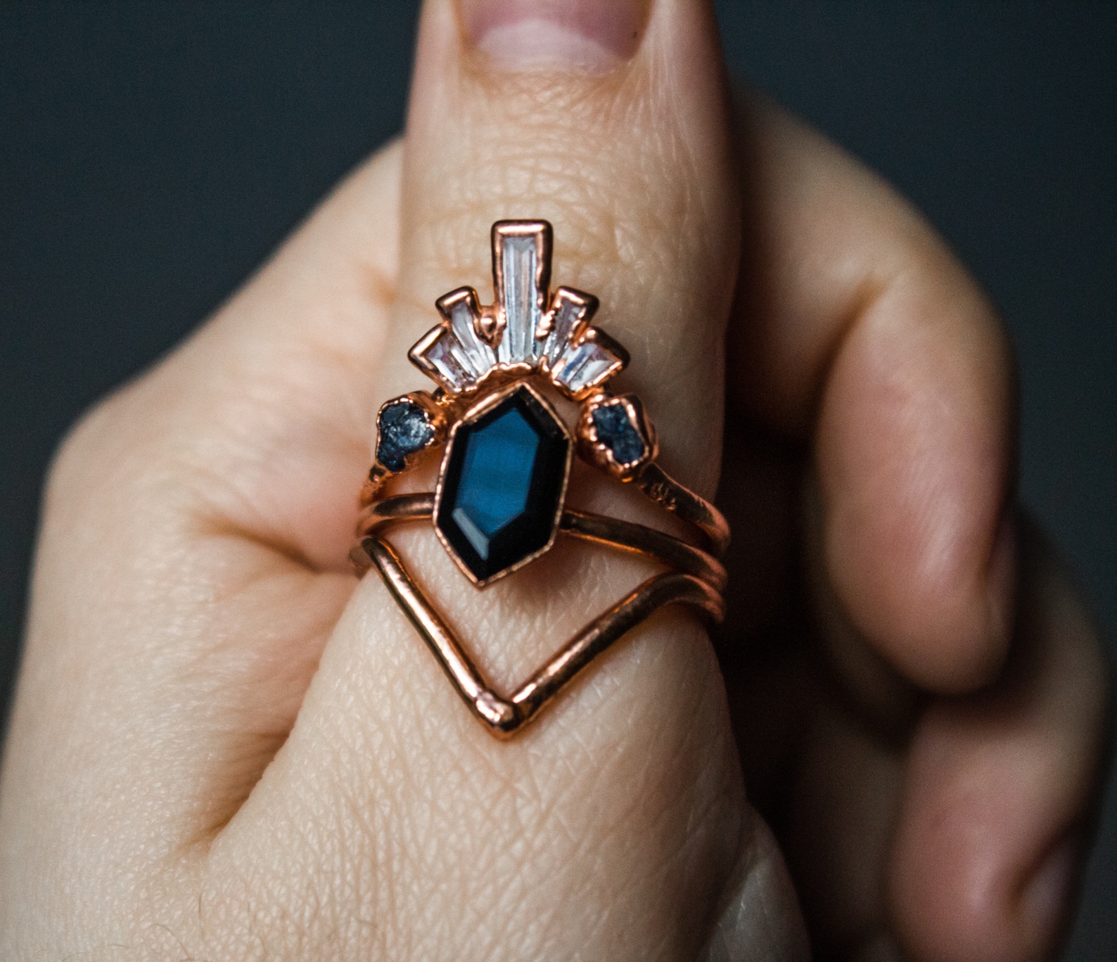 Black Onyx Hexagon Ring Cubic Zirconia and Raw Sapphire Crown - Etsy