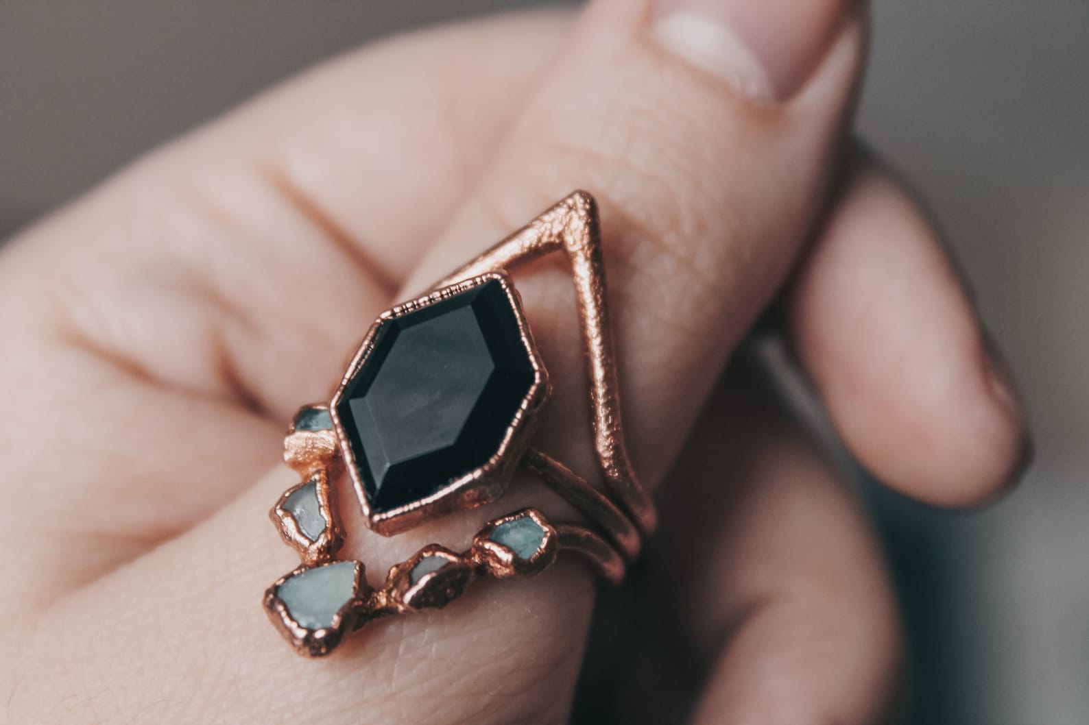 Large Black Onyx Copper Ring/set | Etsy