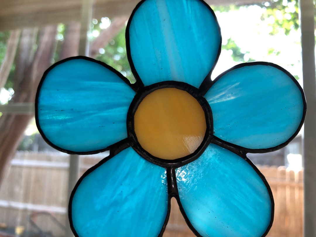 5” Blue Flower Stained Glass Handcrafted Handmade Suncatcher - Etsy
