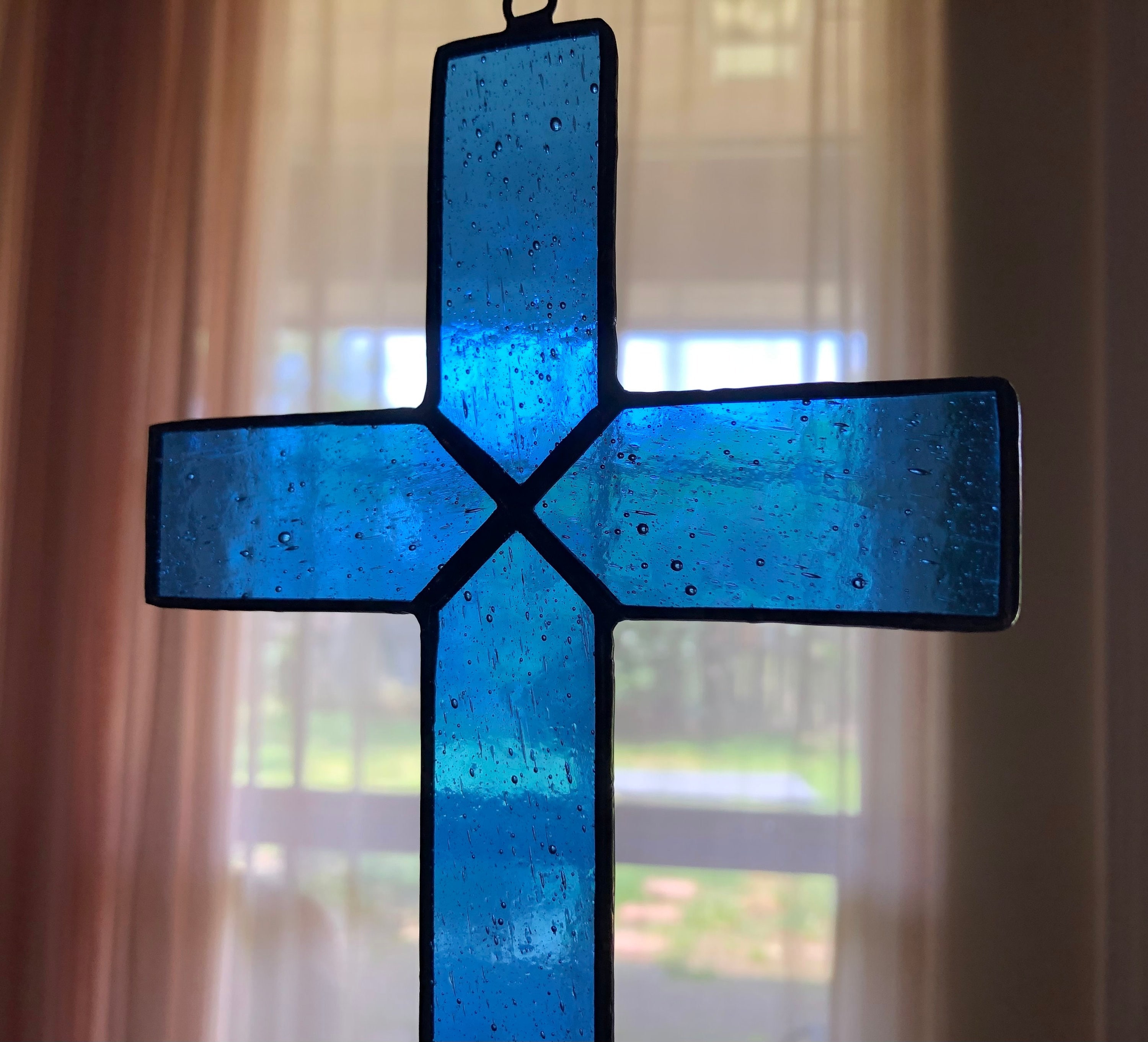 8" Simple Light Blue Stained Glass Cross Handcrafted Handmade ...