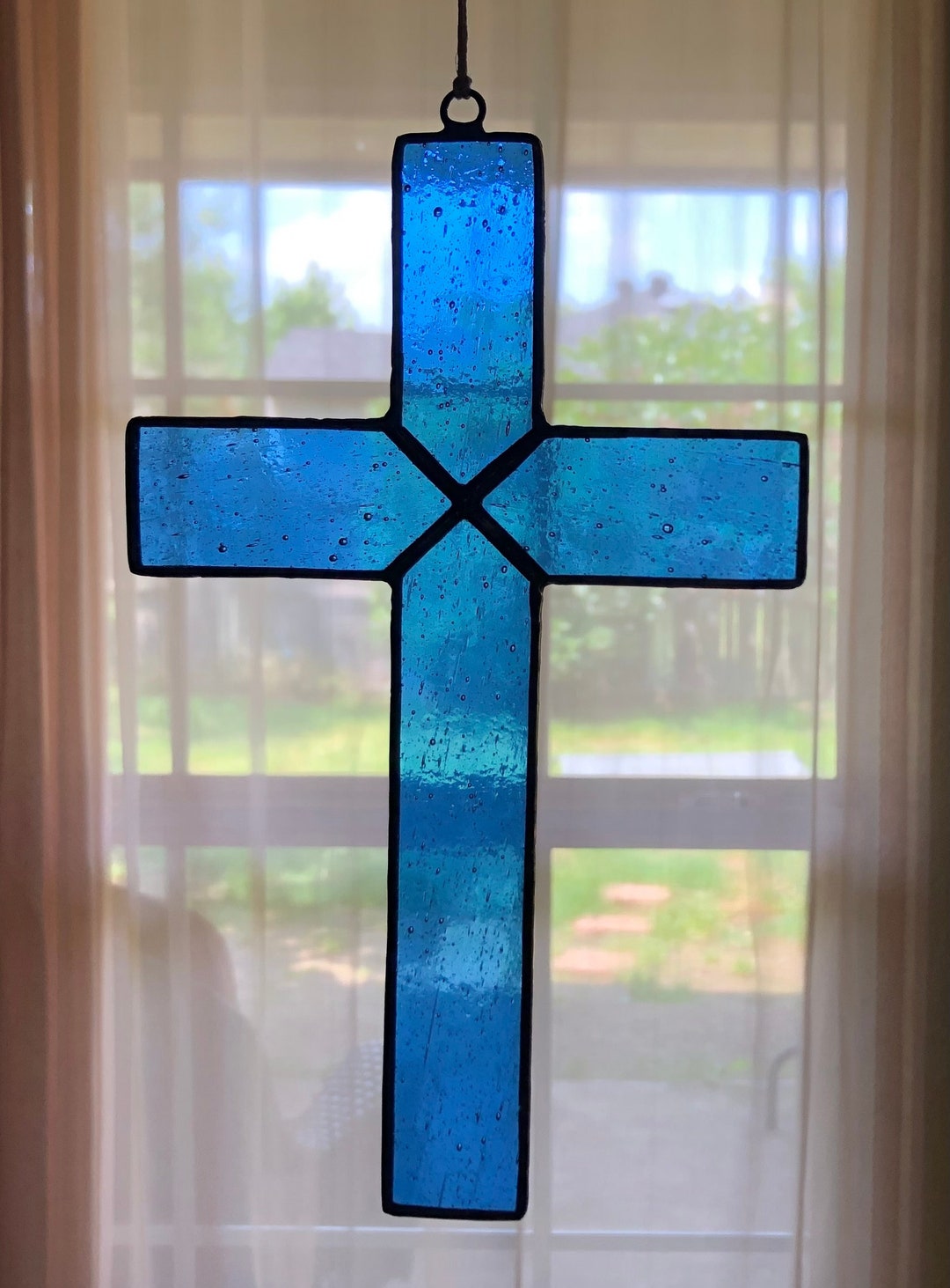 8" Simple Light Blue Stained Glass Cross Handcrafted Handmade ...