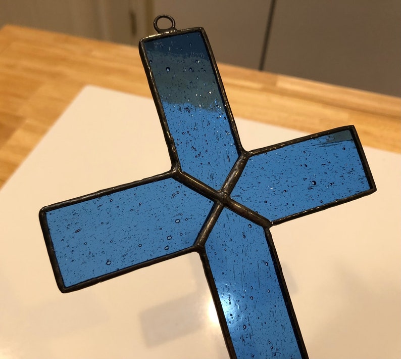 8" Simple Light Blue Stained Glass Cross Handcrafted Handmade ...