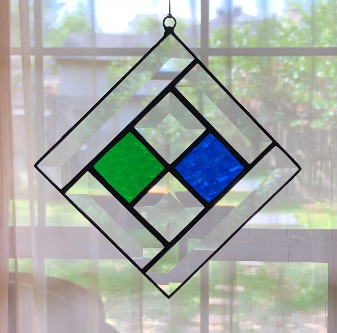 7” Blue Green Stained Clear Leaded Glass Handcrafted Handmade ...