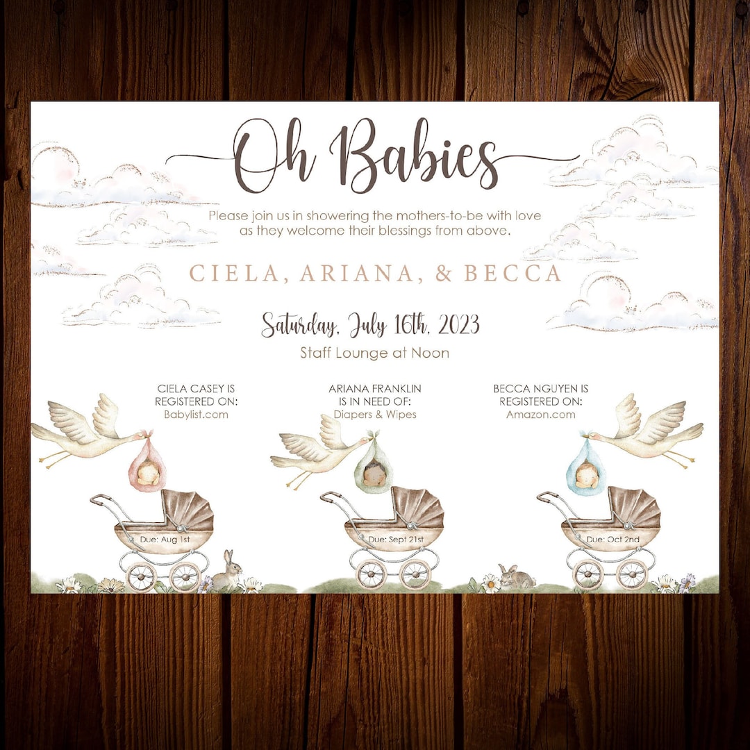 Triple Baby Shower Invitation for Coworkers or Friends, Stork Joint ...