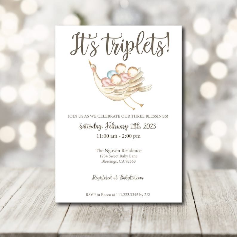Triplets Baby Shower Invitation, Stork Theme, Celebrating Three Babies ...