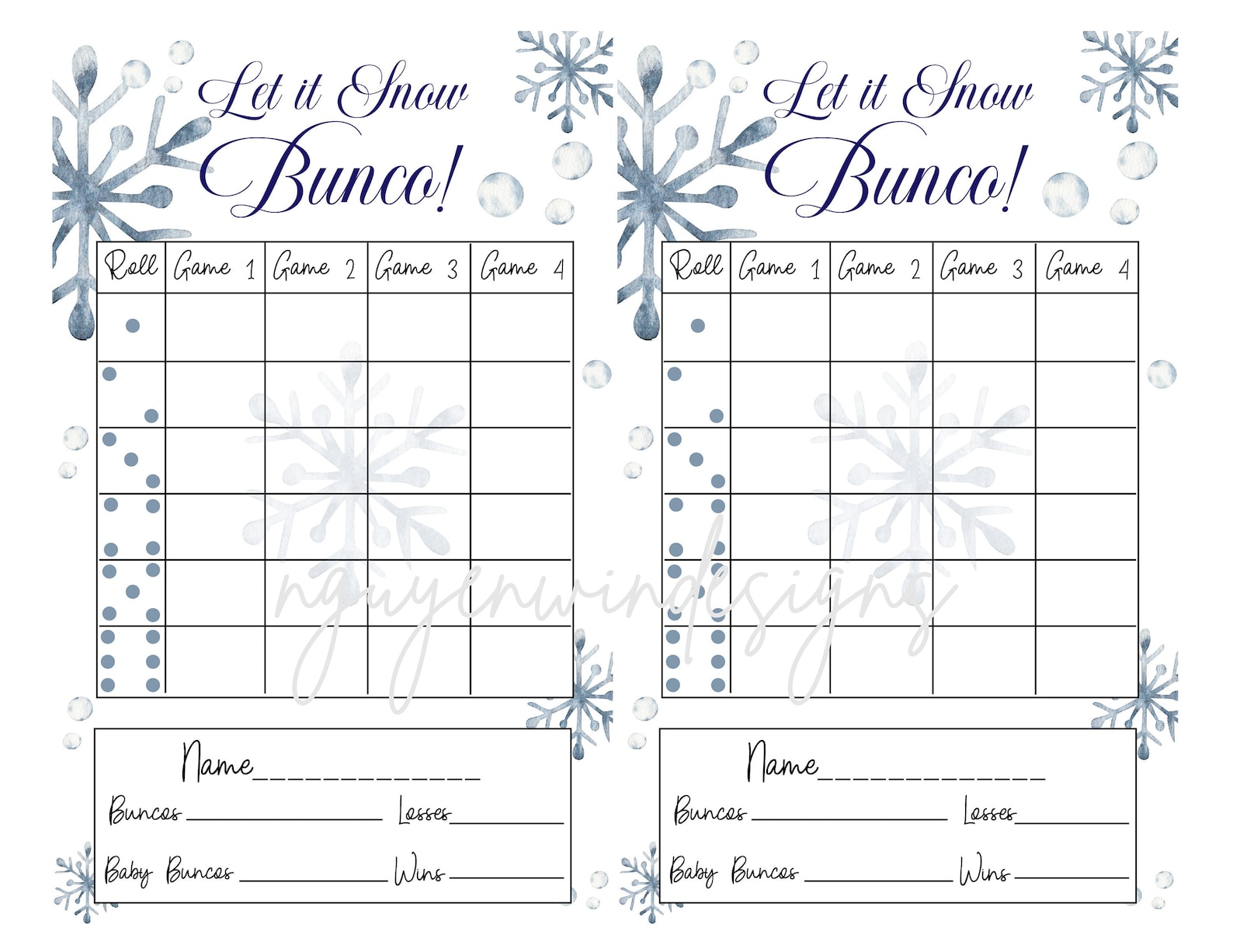 Winter Snowflake Bunco Score Card, Holiday Bunco, Christmas Brunch Game ...