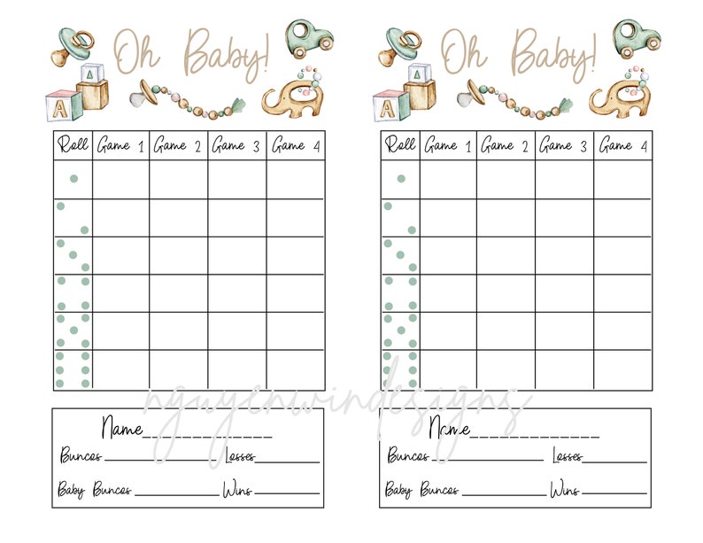 Baby Shower Bunco, Oh Baby Bunco Scorecard, Gender Neutral Baby Shower ...