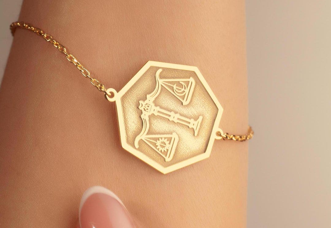 14K Solid Gold Scales of Justice Bracelet, Personalized Libra Zodiac ...