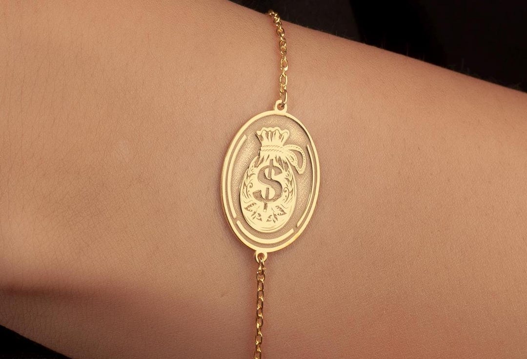 14K Solid Gold Dollar Money Bag Bracelet, Personalized Dollar Sign ...
