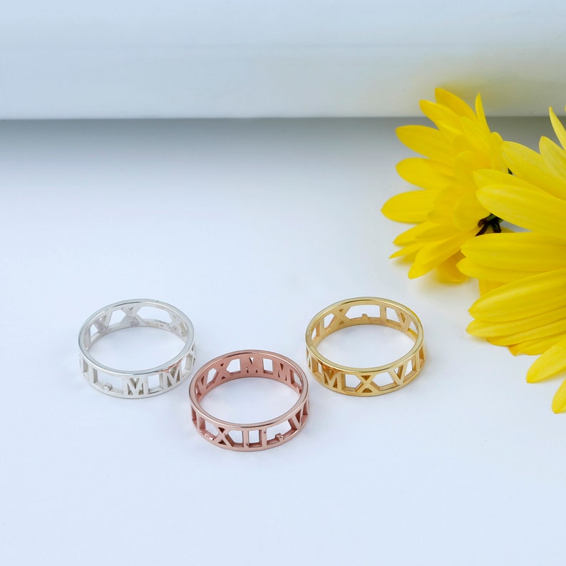 Modern Name Ring Roman Numerals Ring Custom Date Ring - Etsy