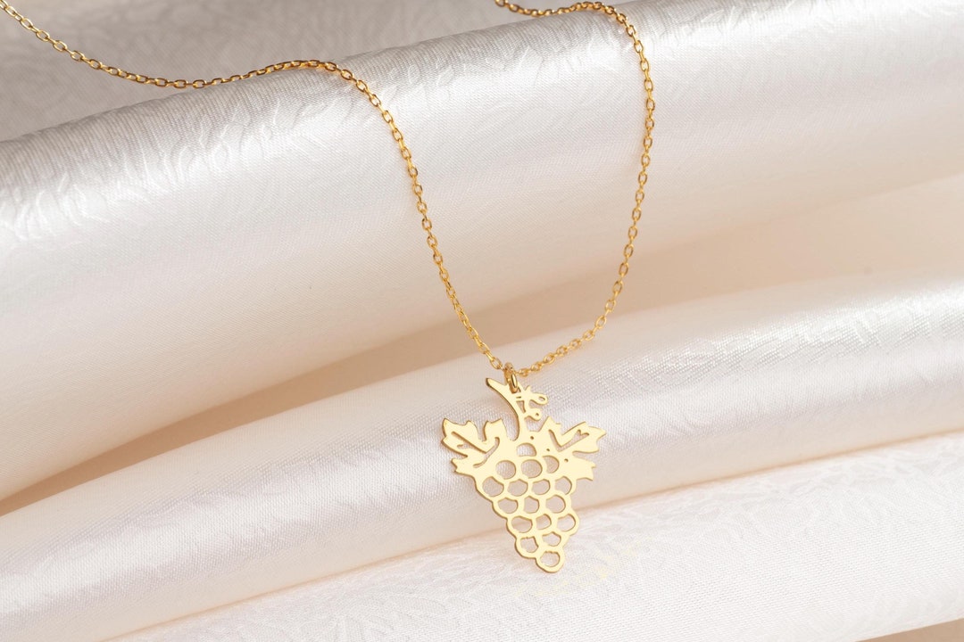 14K Solid Gold Grape Necklace, Fruit Jewelry, Wine Lover Gift, Food ...