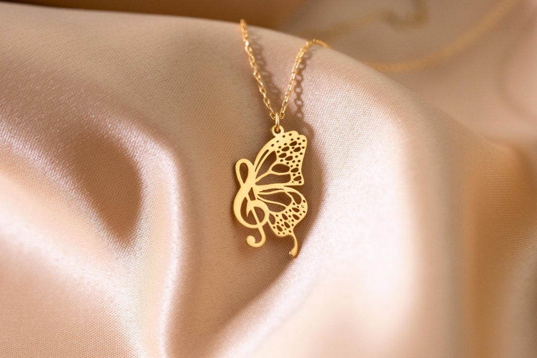 14K Solid Gold Butterfly & Treble Clef Necklace, Music Jewelry ...