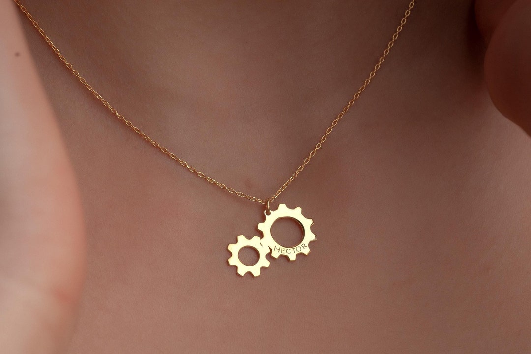 14K Solid Gold Engineer Gear Necklace, Steampunk Jewelry, Mechanical ...