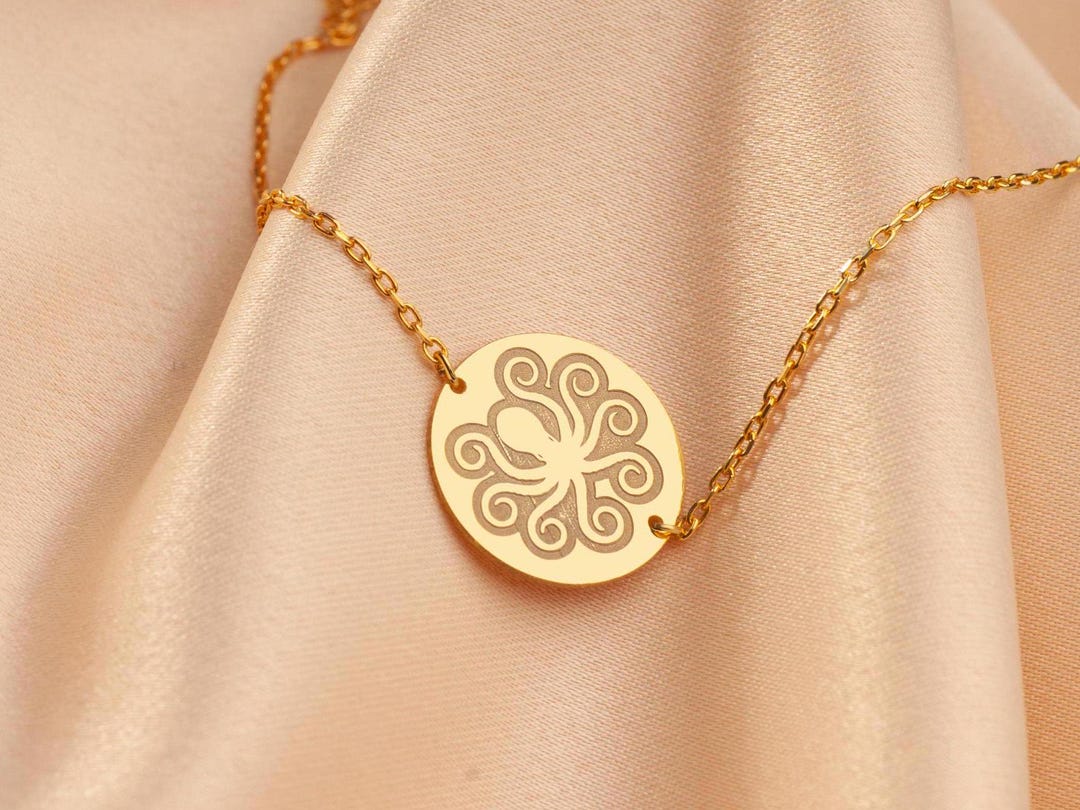 14K Solid Gold Octopus Medallion Bracelet, Personalized Kraken Charm ...