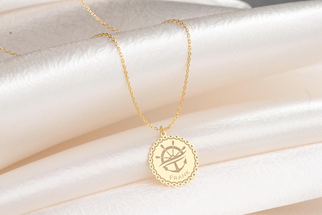 14K Solid Gold Custom Anchor Captain Medallion Necklace, Nautical ...