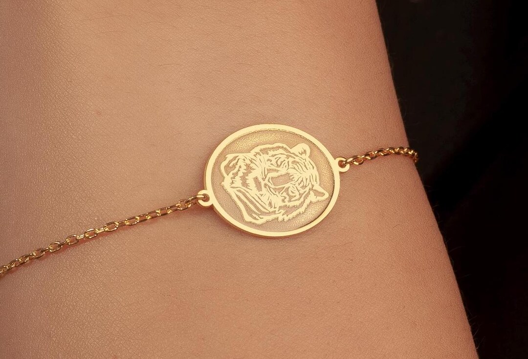 14K Solid Gold Tiger Bracelet, Personalized Tiger Head Charm, Animal ...