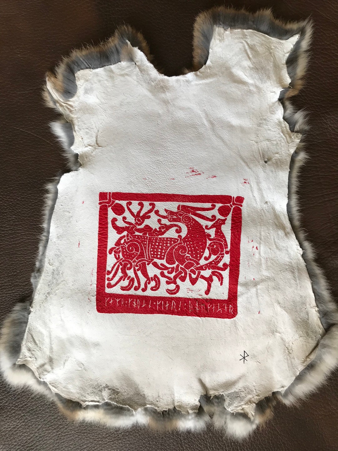 Viking Runic Tombstone, Block Printed Ritual Rabbit Hide Pagan Red Ink ...