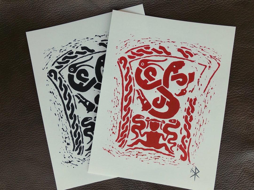 Norse Linocut Block Print Snake-witch Picture Stone Black or Red - Etsy