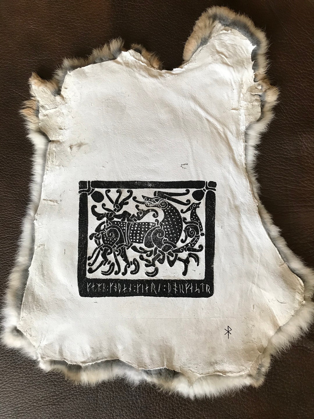 Viking Runestone Altar Cloth, Block Printed Ritual Rabbit Hide, Black ...