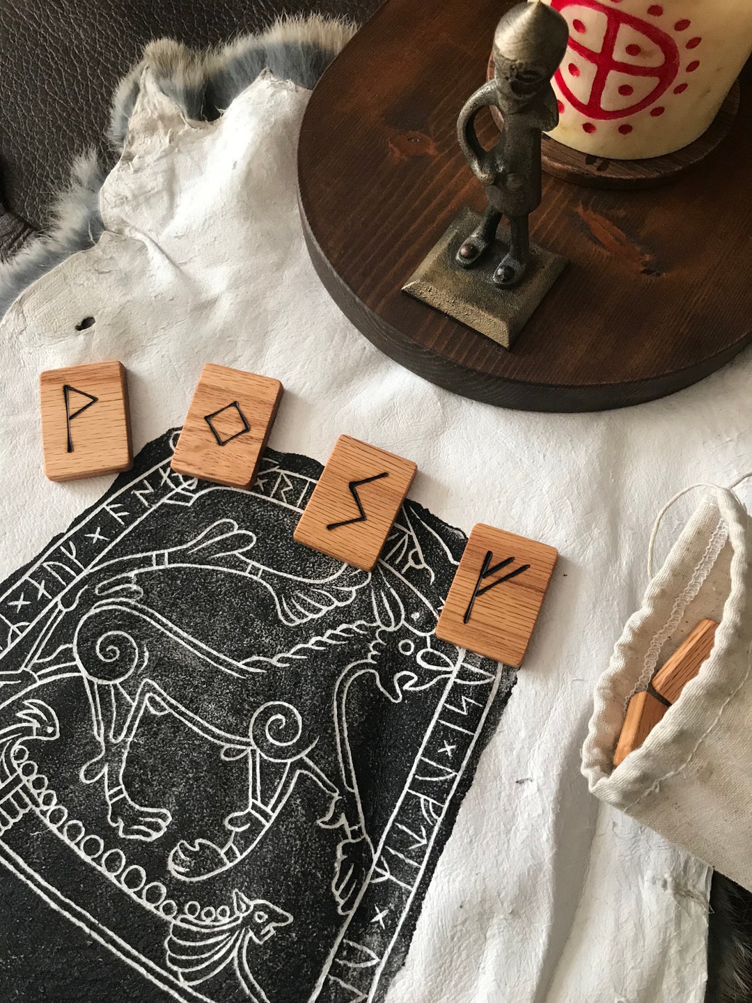 Ritual Altar Cloth, Viking Runestone, Block Printed Rabbit Hide Black ...