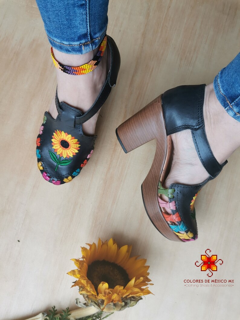 Sunflower Huarache Sandal Platform Heel, Huarache Sandals - Embroidered ...