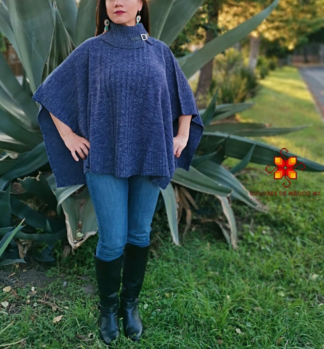 Mexican Poncho High Neck, Mexican Cape Color Blue for the Winter ...