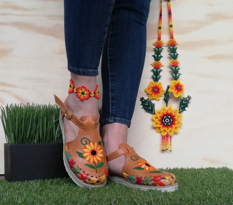 Leather Sandals Embroidered Flower Mexican Huarache Boho | Etsy