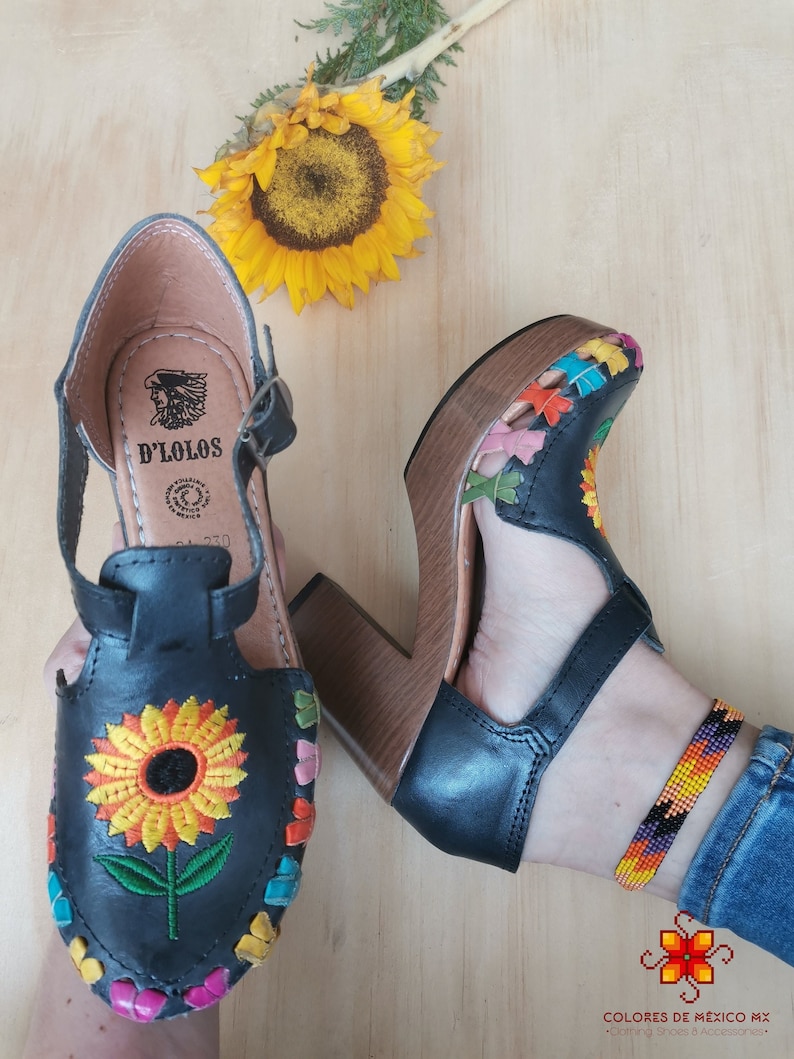 Sunflower Huarache Sandal Platform Heel, Huarache Sandals - Embroidered ...