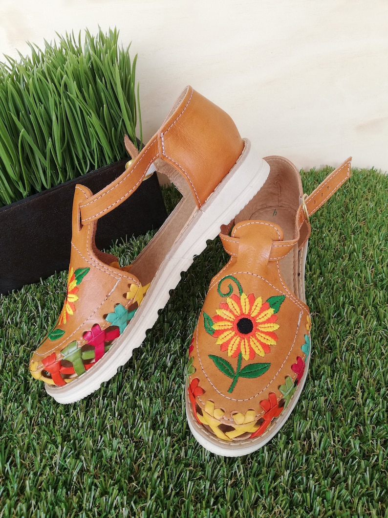 Leather Sandals Embroidered Flower Mexican Huarache Boho | Etsy
