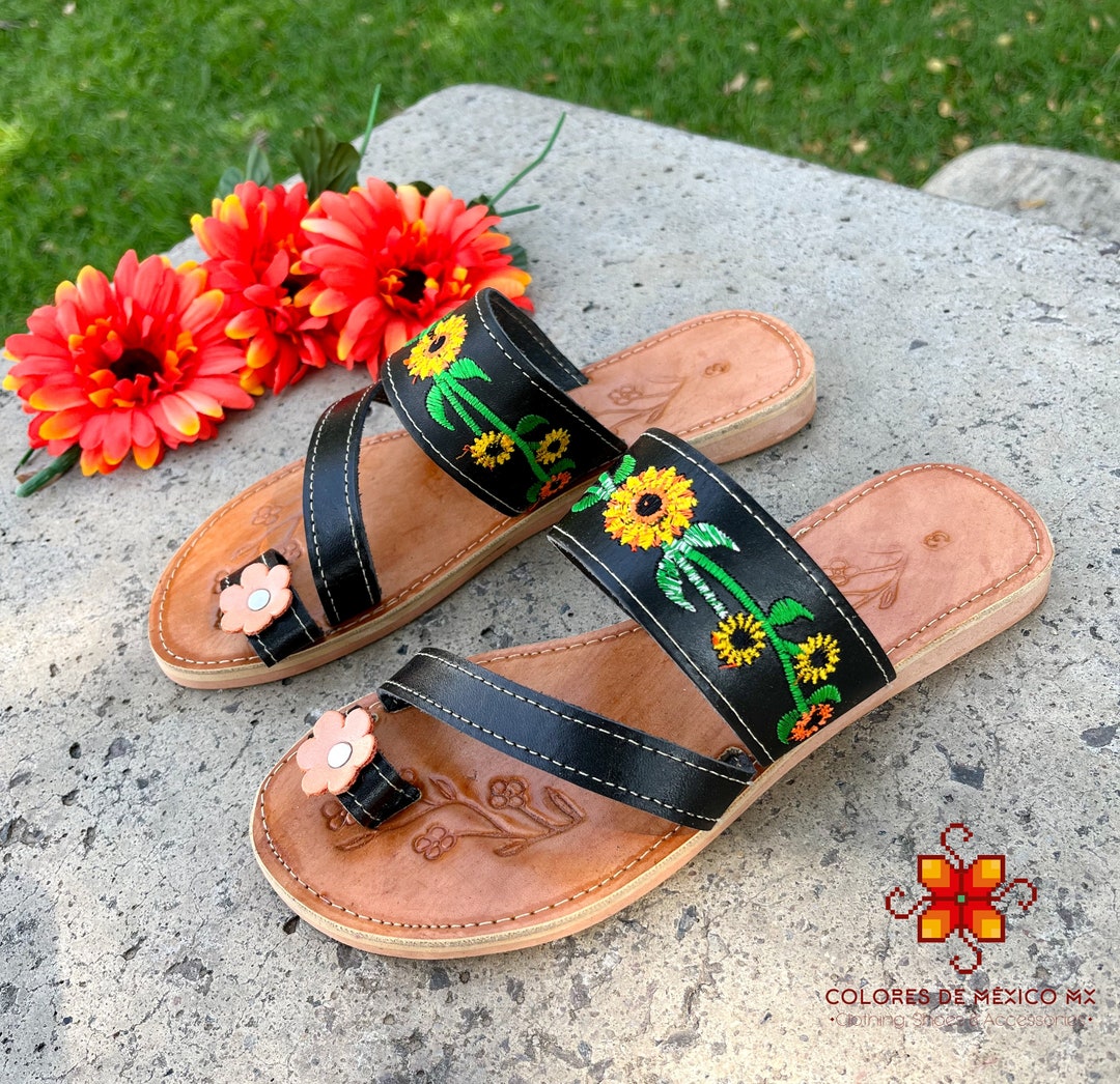 Leather Flip Flops Shoes Sunflower Embroidery, Leather Sandals Huarache ...