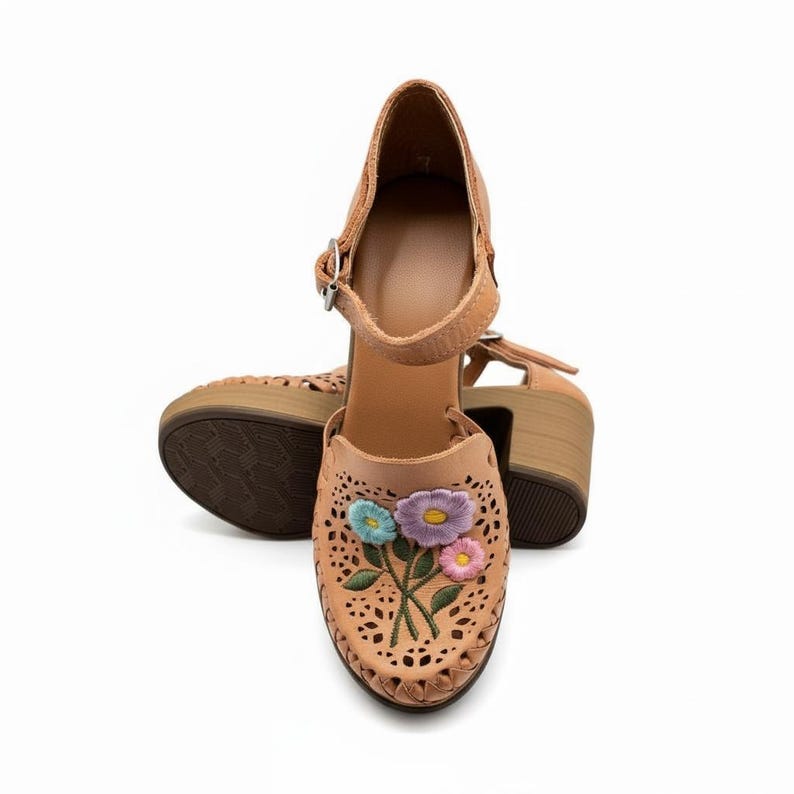 Mexican Leather Shoes With 3D Embroidered Flowers With Heels and Ankle ...