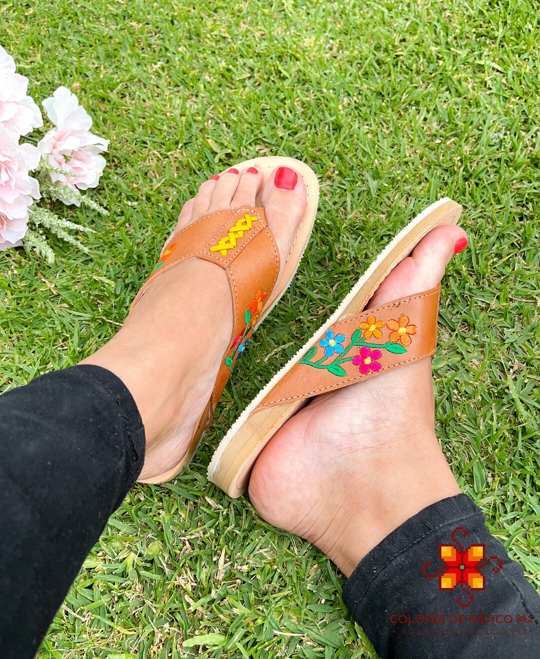 Mexican Leather Sandals With Embroidered Flowers Women, Leather ...