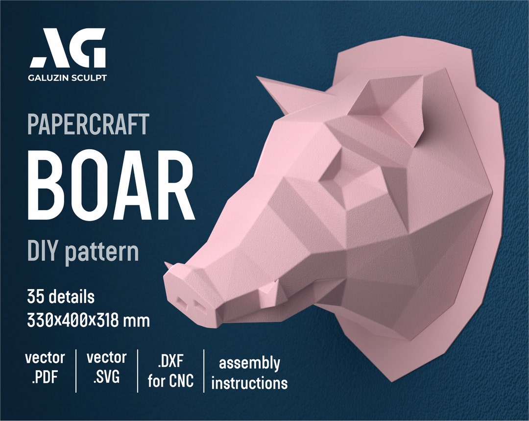 3D Papercraft, Trofeo de jabalí, Pepakura, Lowpoly, Low Polygon, Trofeo ...